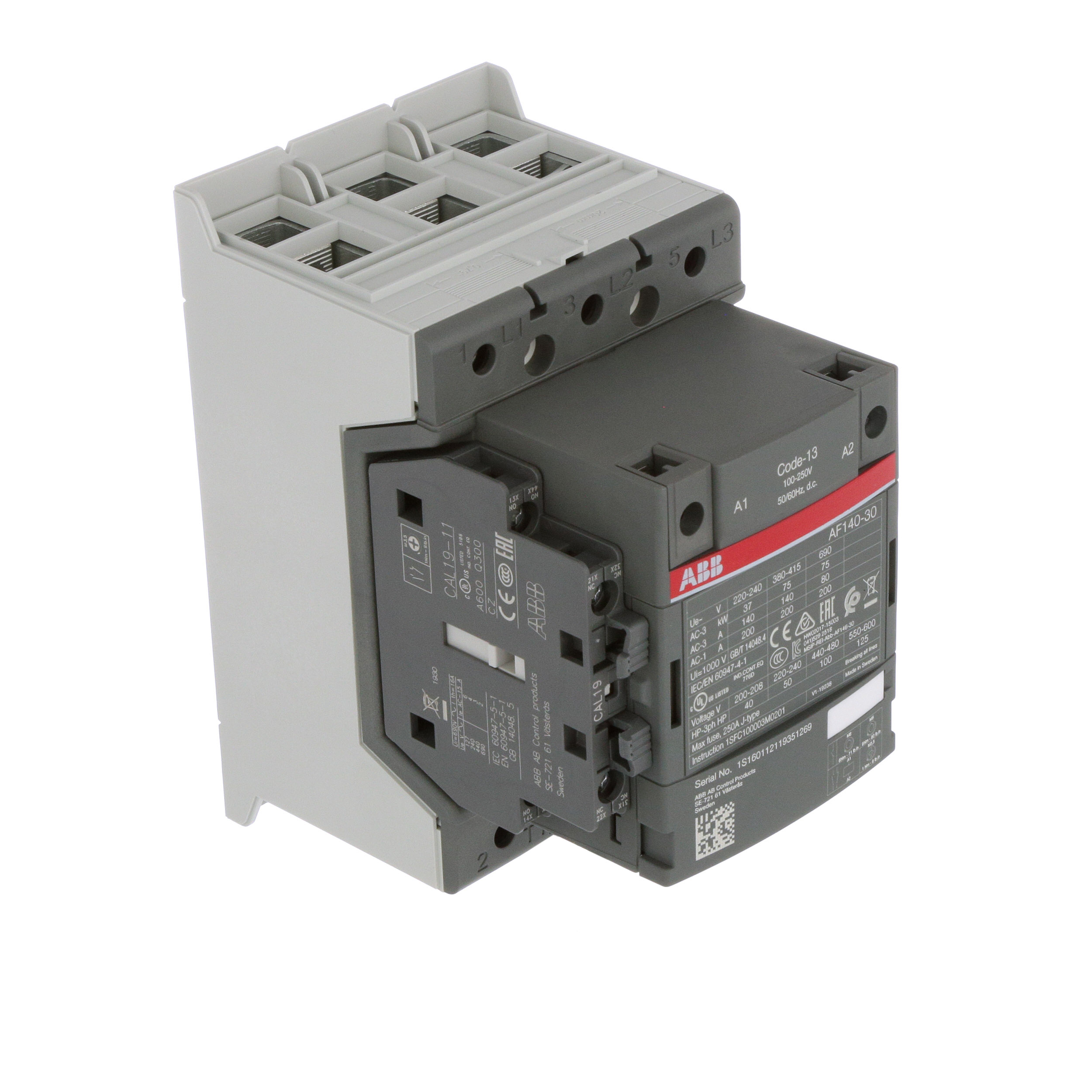 ABB AF12-30-10-13 AF12 3 Pole Contactor, 12.5 A, 7.5 kW@ 600 V, 100 - 250 V ac/dc Coil