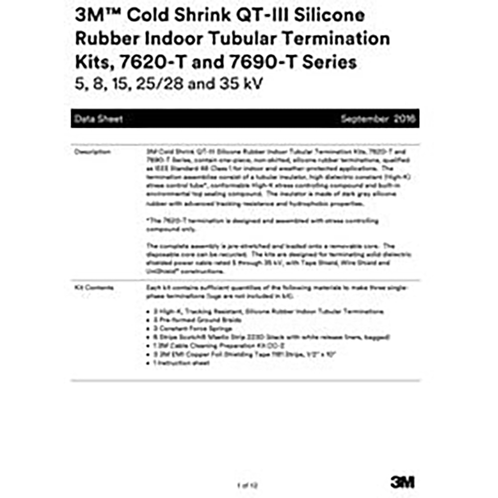 3M 7620-T-95 Kit, Cold Shrink, QT-III Termination Kit, 5-8.7 kV, Insulation OD 0.32-0.59 in