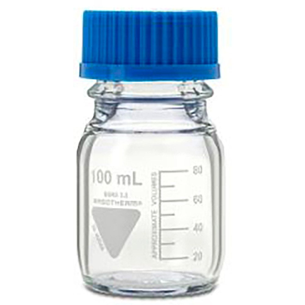 RS PRO 2519349 Storage Bottle 100ml PP, Wide Neck , 56x100mm, Blue Screw Cap, Pouring Ring