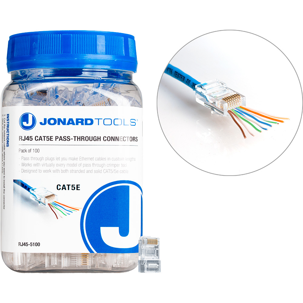 Jonard RJ45-5100 RJ45 Cat5/5E Pass-Through Connectors, 100 Pcs In Jar